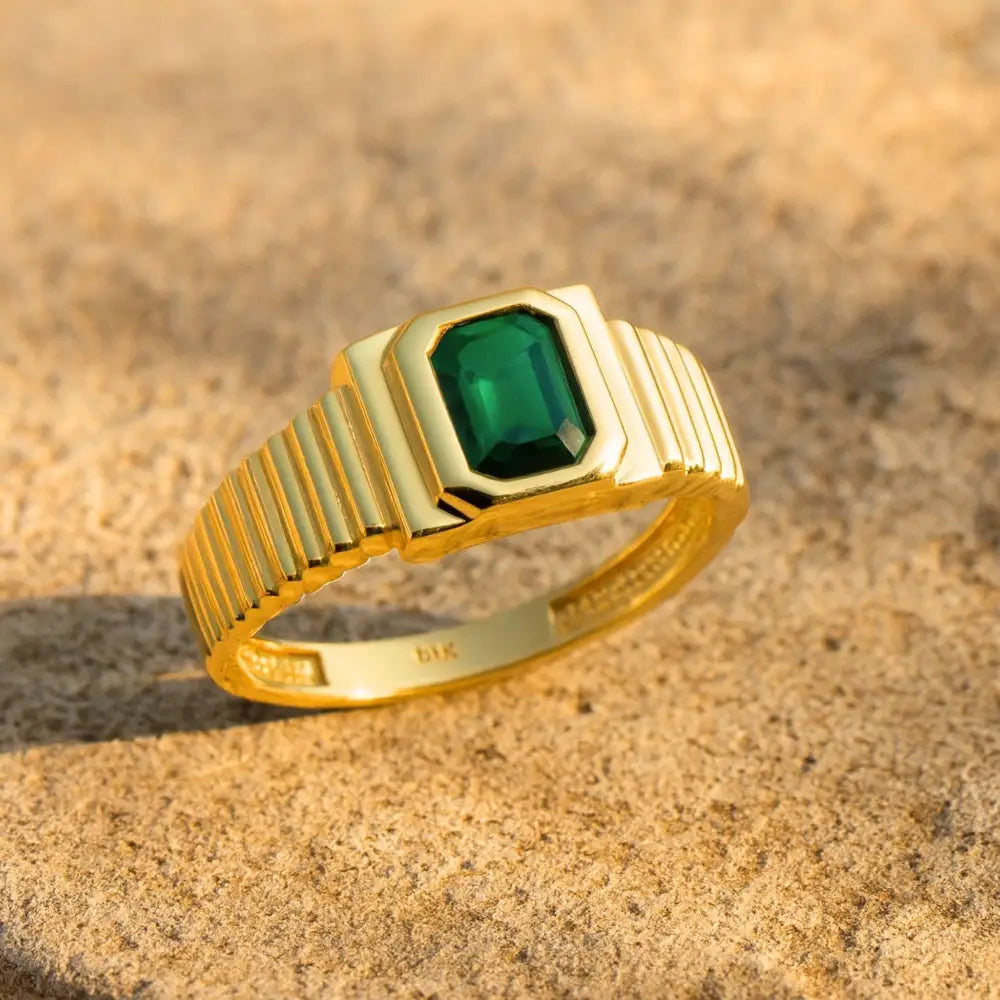 Emerald Cut Signet Ring 14K Solid Gold Ribbed Band – Gold of America